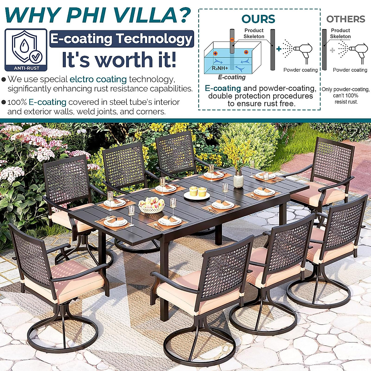 PHI VILLA Outdoor Dining Table and Chairs Set for 8, 9 Pieces Patio Metal Expandable Rectangular Table and Black Swivel Chairs with Cushions, Dining Furniture Set for Backyard, Porch
