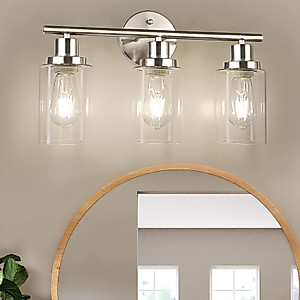 Unicozin 3 Light Vanity Lights, Brushed Nickel Wall Sconce Light with Clear Glass, Bathroom Light Fixtures, Wall Lights for Mirror, Living Room, Bedroom, Hallway, E26 Base (Bulbs Not Included)