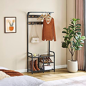 Tajsoon Coat Rack, Hall Tree with Bench and Shoe Storage, Coat Rack Shoe Bench, 3-in-1 Shoe Rack and Coat Rack for Entryway, 11.24 X 28.35 X 66.34 Inches, Metal, Rustic Brown and Black