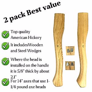 2 Pack American Hickory Axe Handle Replacement for 14" Axes That use 1-1/4 Pound Heads Complete Set with Wooden and Steel Wedges - Hatchet Handle Replacement - Hickory Hatchet Handle Replacement Axe