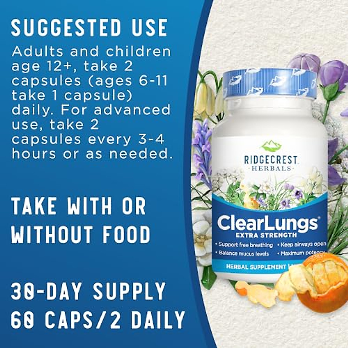 RidgeCrest Herbals ClearLungs Extra Strength, Daily Health Supplement, Natural Lung and Nasal Wellness Formula for Bronchial, Respiratory, Immune, Sinus, and Mucus Support (60 Vegan Caps, 30 Serv)