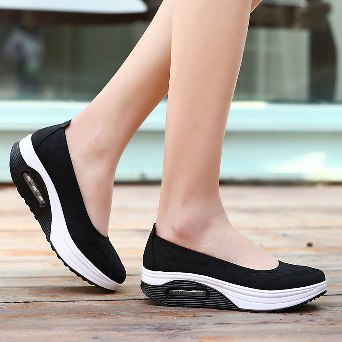 Keilinia Women's Slip on Breathe Knitted Sneakers,Lightweight Comfy Air Cushion Low Orthopedic Wedge Running Nursing Shoes (6,Black)