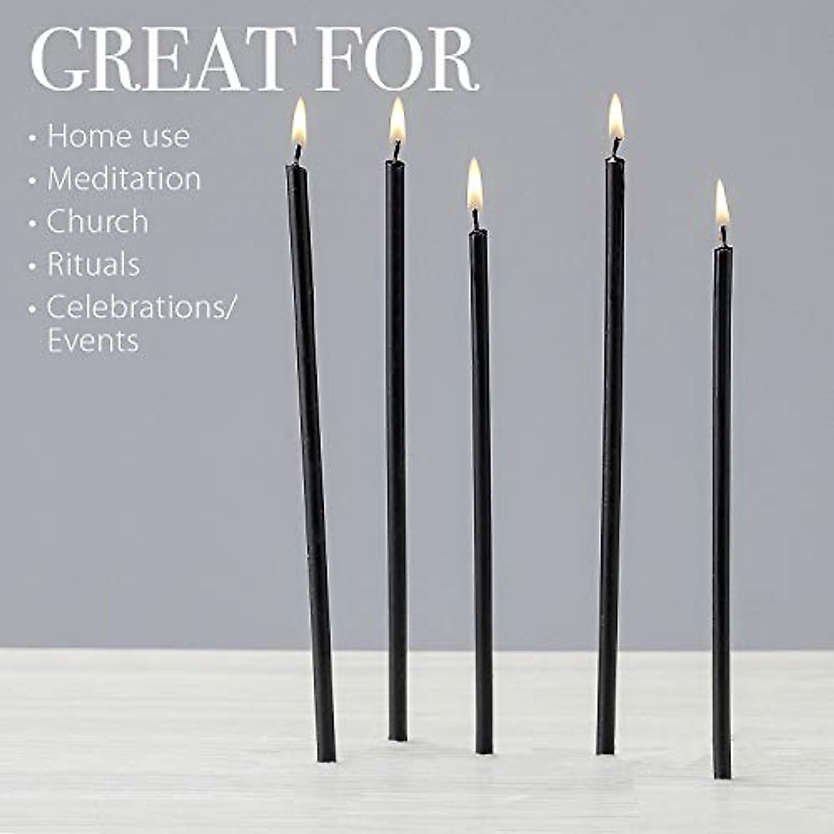 Danilovo Pure Beeswax Candles - No-Drip, Smoke-Less, Tall, Thin Taper Candles – Decorative Candles for Church Prayer, Decor or Birthday Candles – Honey Scented Candles – 6.3”x0.2” (Black,50pcs)