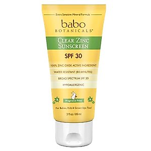 Babo Botanicals Zinc Sunscreen Lotion SPF 30 with 100% Mineral Actives, Non-Greasy, Water-Resistant, Fragrance-Free, Vegan, For Babies, Kids or Sensitive Skin, Clear, 3 Fl Oz