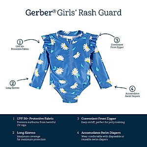 Gerber Girls' Toddler Long Sleeve One Piece Rashguard Swimsuit, Blue Daisies, 6-9 Months
