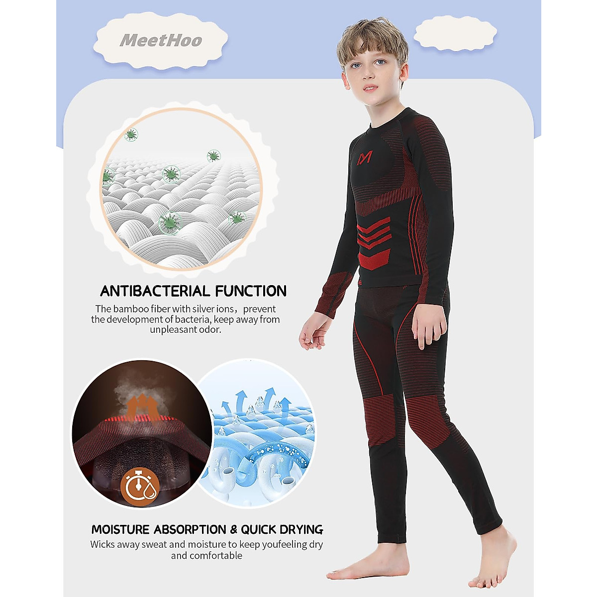 MeetHoo Children's Thermal Sets Skin-friendly Sports Base Layer Winter Ski Hunting Gear Underwear, Red, Medium