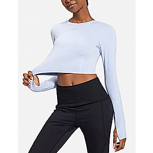 BALEAF Women's Workout Top Long Sleeve Crop Top Athletic Cropped Pullover for Running Gym Yoga Blue M