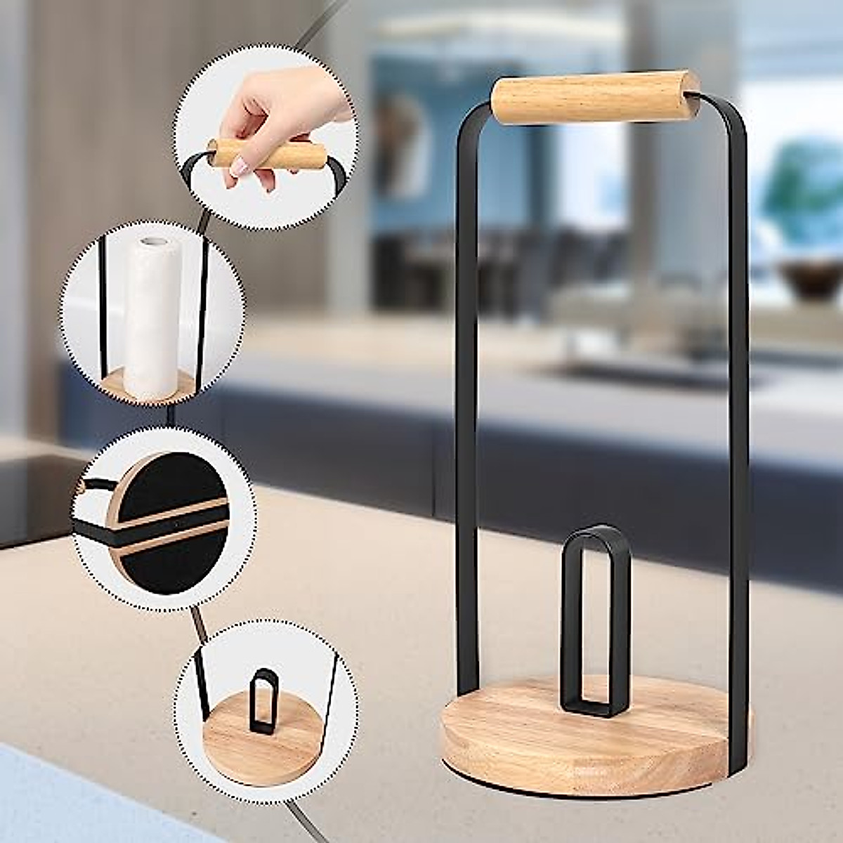 Gigecor Kitchen Paper Towel Holder Countertop for Standard and Jumbo-Sized Paper Towels, with Weighted Wooden Base for One-Handed Operation for Kitchen, Dining, Bathroom (Black)