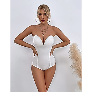 Clothink Women Strapless Velvet Bodysuit Back Lace Up Jumpsuit,Sexy Bodysuit Top Playboy Bunny Halloween Costume White M