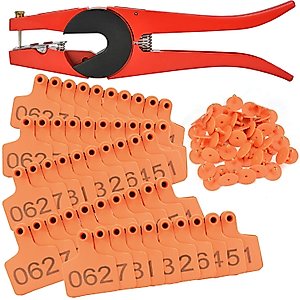EASY 100 Sets Livestock Numbered Plastic Ear Tags for Cattle Cow Calves Bull Animal Identification TPU Earring Tagger (Orange) with 1 pcs Pliers Applicator