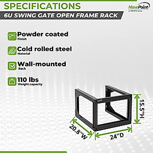 NavePoint 6U Server Rack with Swing Gate - 6U Wall Mount Rack for 19 Inch IT Equipment Open Frame Rack – Network Rack Wall Mount for AV & Server Equipment 24” Deep 6U Rack, Black