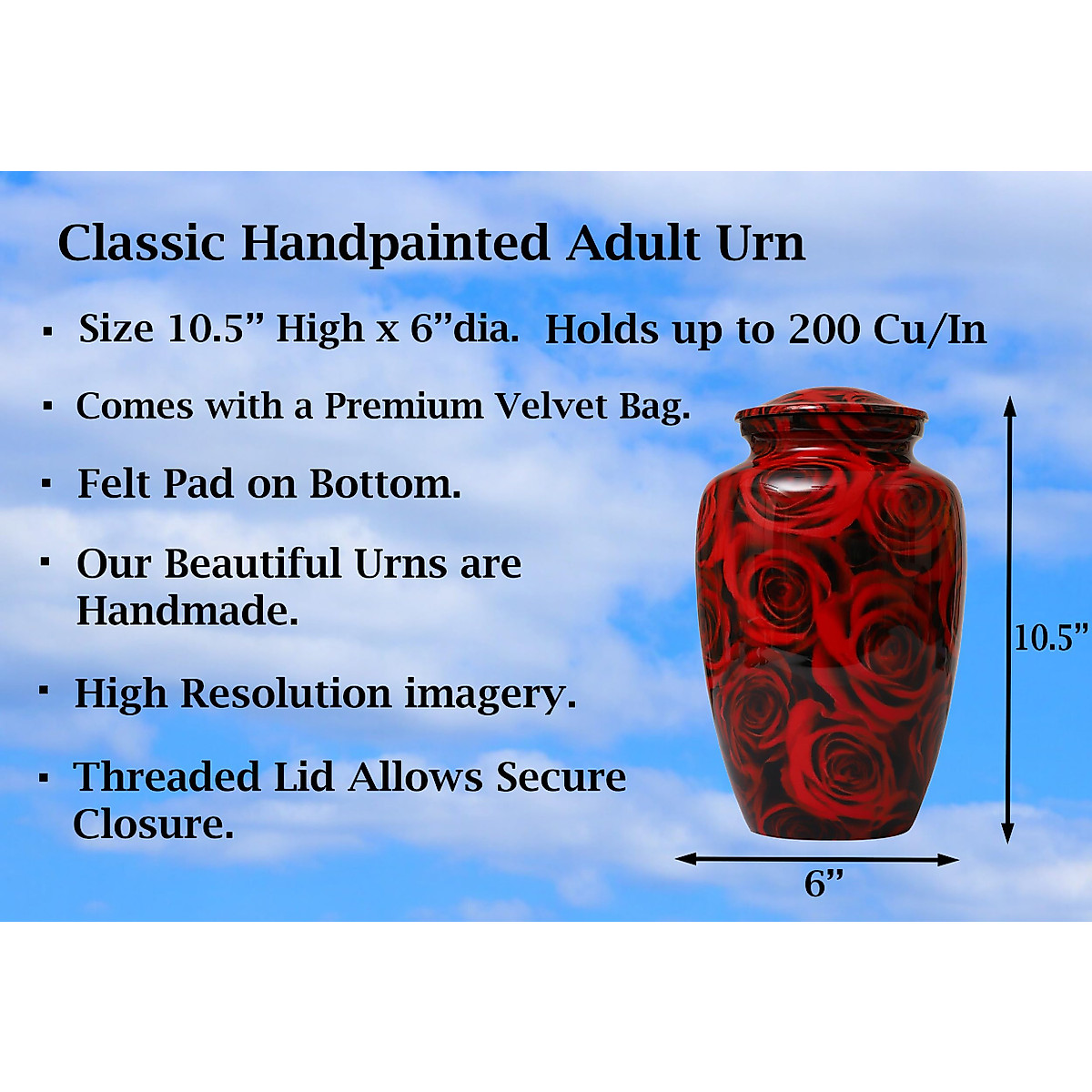 Bhartiya Handicrafts Red Rose Cremation Urn for Human Ashes - Suitable for Male & Female Adult Memorial urn, Urns for Ashes Adult Female for Home or Burial - Remains up to 200 lbs (Design 9)