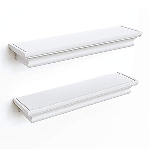 Ballucci Set of 2 Classic Floating Wall Shelves, Wooden Wall Mounted Ledges for Living Room, Bedroom, Bathroom, Kitchen, Office; 16 Inches - White