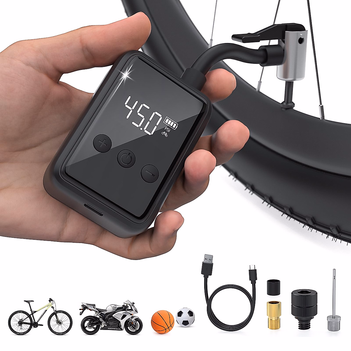 Tiiletzote Bike Pump Portable Air Compressor, 130 PSI Mini Bike Tire Pump with Gauge, Bicycle Inflator Pump Fits Presta & Schrader Valve, Electric Pump Auto Shut-Off, Small Air Pump Ball Motorcycle