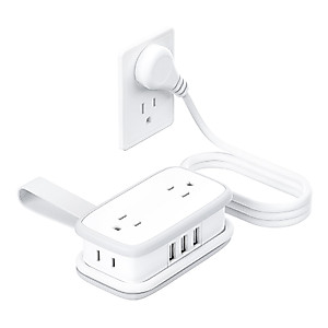Travel Power Strip with USB Ports, NTONPOWER 4 Outlets 3 USB with 4FT Wrapped Short Extension Cord Flat Plug, USB Portable Desktop Charging Station, Compact for Hotel Travel Cruise Essentials, White