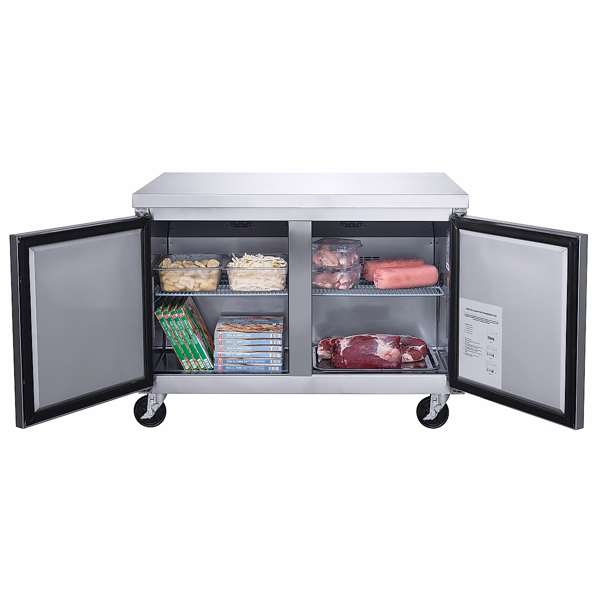 Commercial Undercounter Freezer, ETL NSF 2-Door Upright, 48.125" W 12.2 cu. ft. Auto-Defrost, Stainless Steel Restaurant