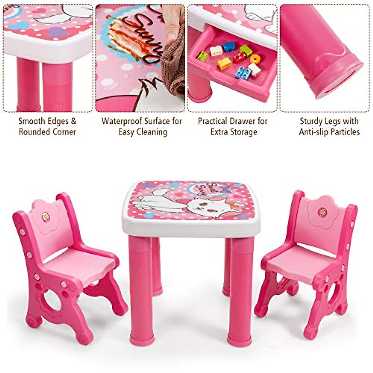 Costzon Kids Table and Chair Set, 3-Piece Toddler Activity Table and Chairs with Storage Drawer, Height Adjustable Chair, Children Desk Furniture Set for Drawing Reading Snack Time Art Craft (Pink)