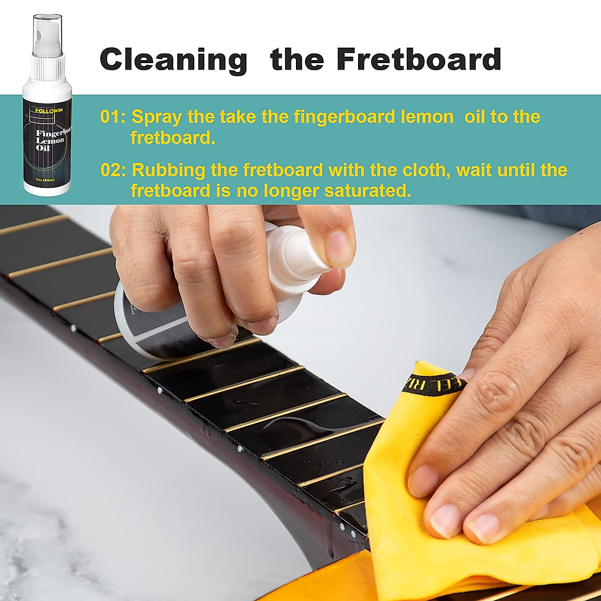 Guitar Cleaning Kit, FOLLOWIN Guitar Care System 7 Pack, Cleaner Polish, Fingerboard Lemon Oil, String Cleaner & Lubricant, Guitar Wax, Winder, Microfiber Cloth