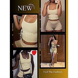 Women's 2 Piece Casual Workout Outfits Ribbed Knitted Yoga Tank Top High Waist Shorts Tracksuit Active Wear Set