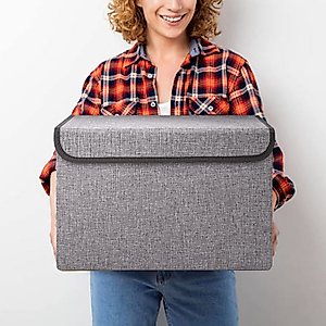 Bagnizer Large 17" 42 Quarts Collapsible Stackable Storage Bins with Lids [3-Pack] Foldable Fabric Linen Storage Boxes Cube, Closet Organizer Baskets with Label for Home (16.7 x 12 x 12, Gray)