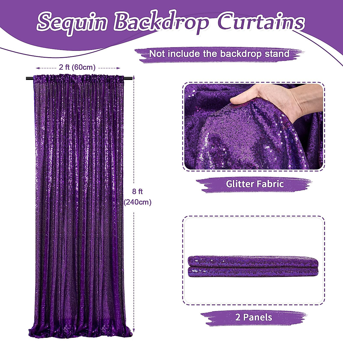 SoarDream Purple Sequin Backdrop 2 Pieces 2ftx8ft Wedding Glitter Curtain Backdrop Arch Fabric Drapes for Baby Shower Birthday Party Decoration