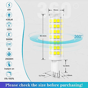 DiCUNO G9 LED Bulb Dimmable, 4W (40W Halogen Equivalent), 430LM, Daylight White 5000K 120V Bi Pin Ceramic Base Light Bulbs for Chandelier, Home Lighting (12-Pack)