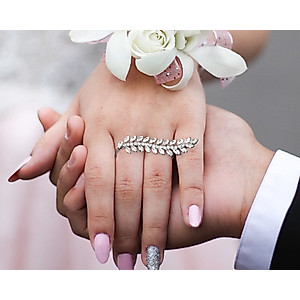 Aprilery Two-Finger Statement Ring Palm for Women, Fashion CZ Crystal Adjustable Rings Cocktail Open Multiple Ring Leaf Wedding Party Prom Accessory Jewelry Gifts for Her (Style 6)