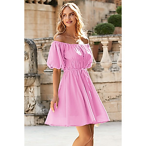 PRETTYGARDEN Women's Off The Shoulder Babydoll Dress Short Puff Sleeve Casual A Line Ruffle Summer Dresses (Solid Pink,X-Large)