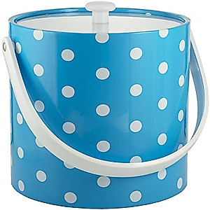 Hand Made In USA Turquoise & White Double Walled 3-Quart Insulated Ice Bucket With Ice Tongs (Polka Dot Collection)