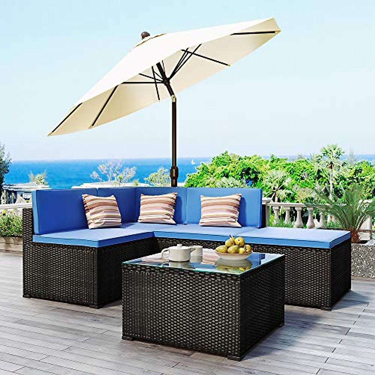JIVOIT 5-Piece Outdoor Patio Furniture Set, Rattan PE Wicker Corner Sofa Set, Sectional Sofa Set with 1 Corner Sofa, 2 Sofa Chairs, 1 Ottoman and 1 Glass Coffee Table (Black Wicker+ Blue Cushion 003)