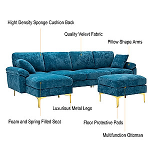 Pvillez Sectional Sofa with Chaise Lounge and Ottoman,Large Convertible Couches Set for Living Room,Plush Fabric L-Shape Couch with Golden Legs