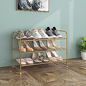 Simple Trending 3-Tier Stackable Shoe Rack, Expandable & Adjustable Shoe Shelf Storage Organizer, Metal Mesh, Gold