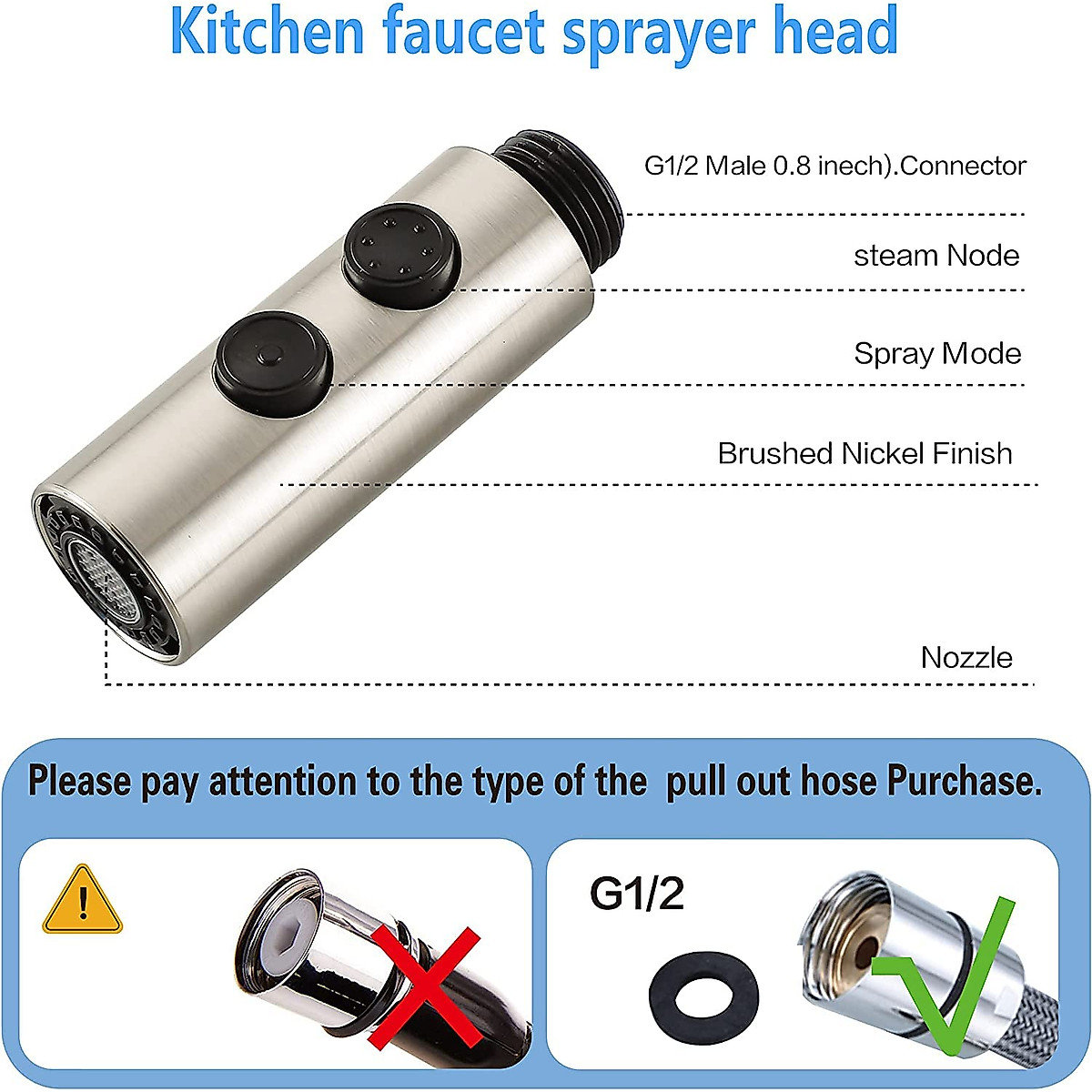 PULL Down kitchen faucet spray head G1/2 male or 13/16inch 2 Functions kitchen faucet head Replacement Part Pull Out Spray Head Kitchen Faucet Compatible for kraus/Giagni facuet brands Brushed Nickel