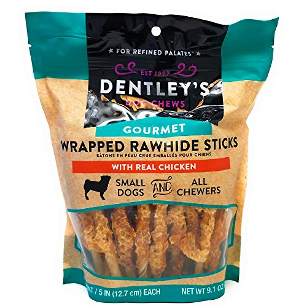 Dentley's Gourmet Wrapped Rawhide Sticks Dog Treats - Chicken 40 Count Per Pack