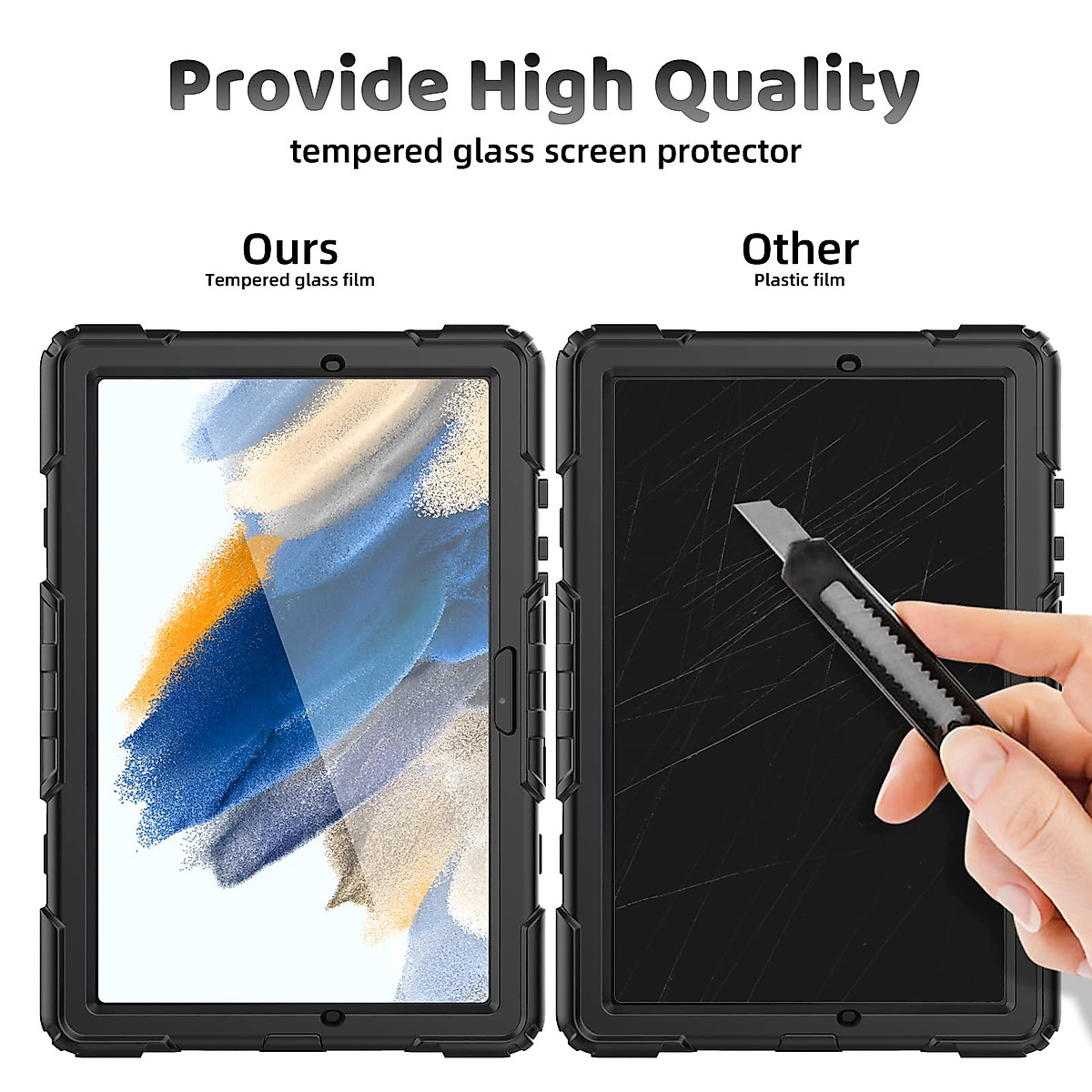 BLOSOMEET Case for Samsung Galaxy Tab A8 10.5 Inch 2022 SM-X200/X205/X207 with [Tempered Glass Screen Protector],Case for Galaxy Tab A8 w/S Pen Holder Stand Hand Strap &Shoulder Strap,Black