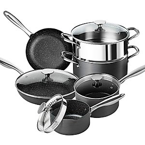 MICHELANGELO Hard Anodized Cookware Set - 10 Pcs Non Stick Pots and Pans Set with Granite Interior, Induction Cookware Set with Steamer Insert