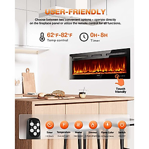 VISVEIL Electric Fireplace 50Inch,Realistic Flame Electric Fireplace Heater,Log Set/Crystal Flames 750-1500W with Timer Inserts/Wall Mounted/TV Stand Touch Screen & Remote