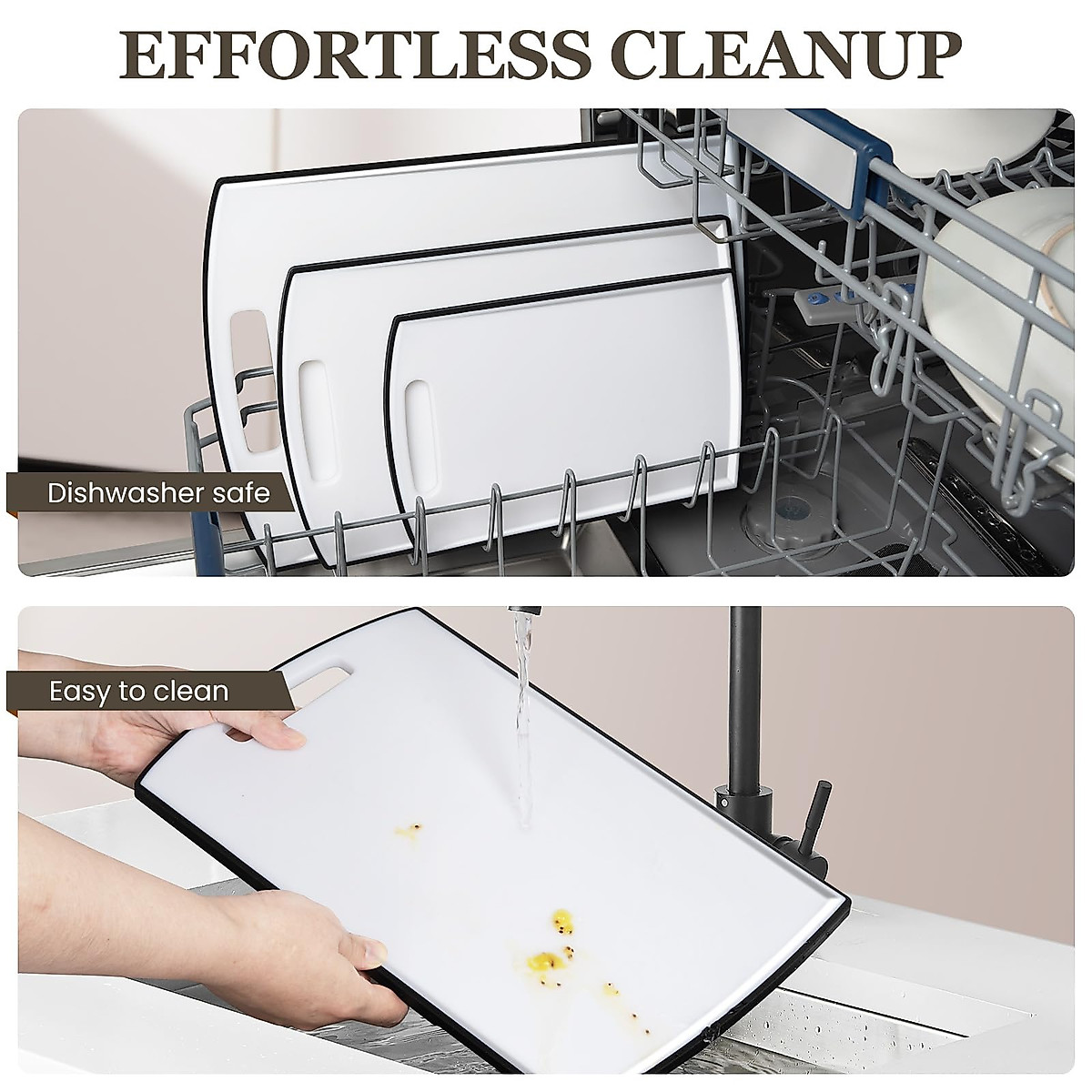 Cutting Boards for Kitchen, Extra Large Plastic Cutting Board Dishwasher Chopping Board Set of 3 with Juice Grooves, Easy Grip Handle, Black, Kikcoin