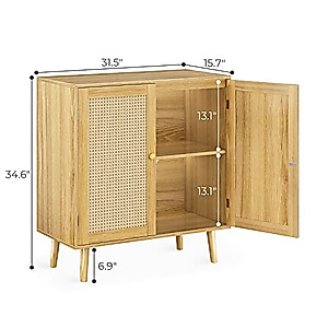 Huuger Buffet Cabinet with Storage, Storage Cabinet with PE Rattan Decor Doors, Accent Cabinet with Solid Wood Feet, Sideboard Cabinet for Hallway, Entry, Living Room, Natural