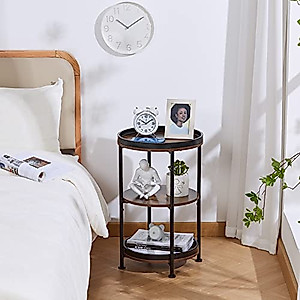 Dulcii Industrial Round End Table, 3 Tiers Round Side Table with Sturdy Metal Frame, Metal Round Sofa Table, Vintage Nightstand for Living Room Bedroom, Easy Assembly (Rustic Brown)