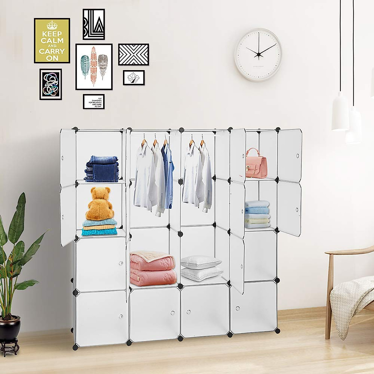 VINGLI Cube Storage Organizer, 16-Cube Plastic Closet Cabinet, DIY Plastic Modular Book Shelf Unit, Cube Shelves with Doors and 2 Hanging Rods - Translucent White
