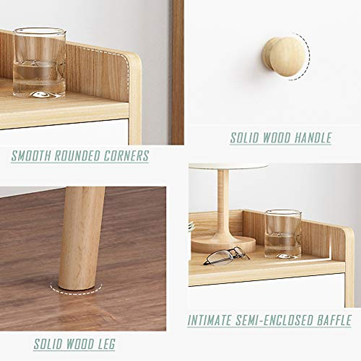 IOTXY Bedroom Wooden Night Stand - Bedside Cabinet with Storage Drawer and Bookcase, Compact Nightstands in White