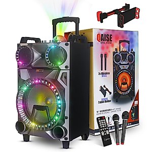 Portable Bluetooth Party Speaker and Karaoke Machine with 2 Wireless Mics, Disco Ball, LED Lights, Handle and Wheels, FM Radio. Loud Party Sound System, Rechargeable Tailgate PA Speaker