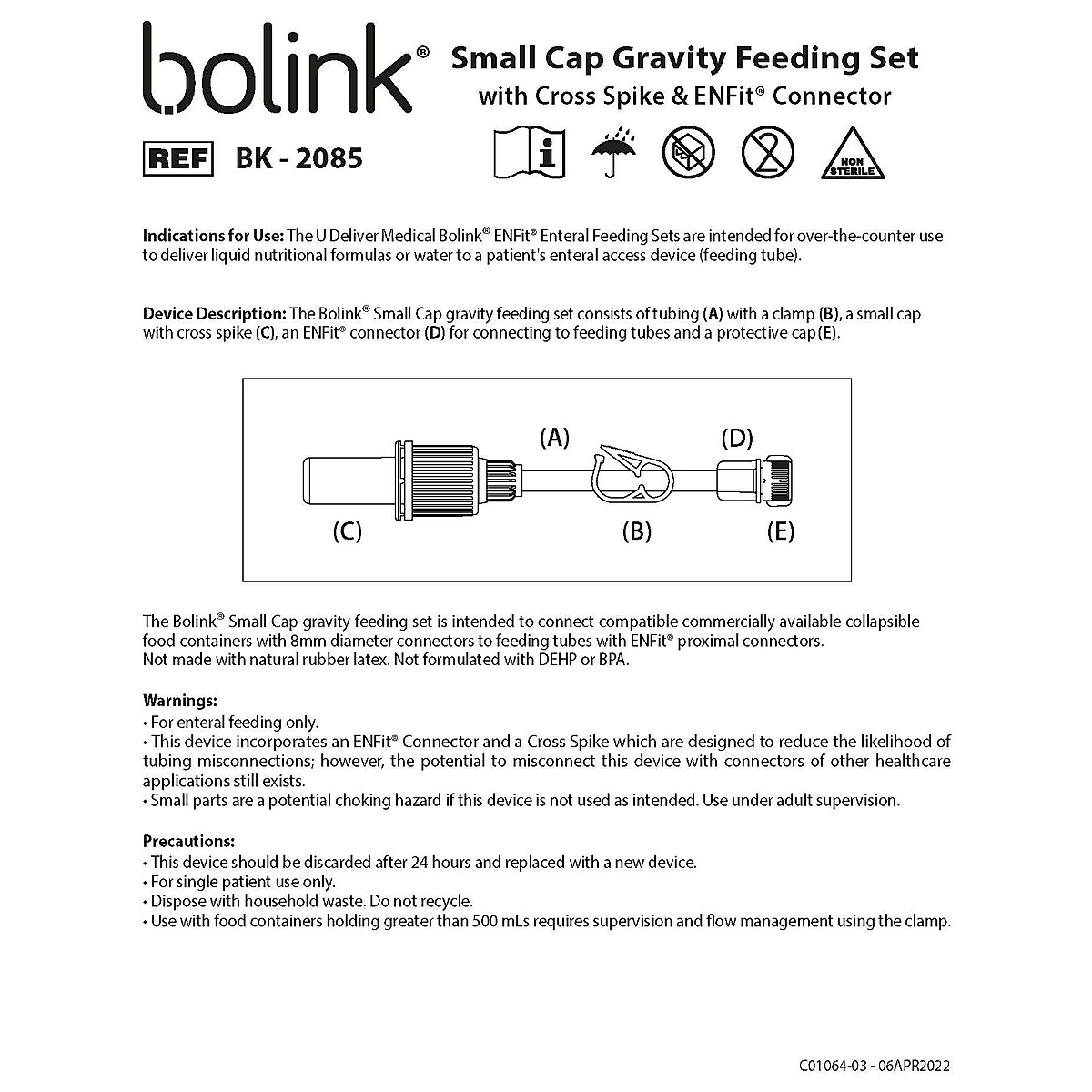 Bolink Small Cap Enfit Tube Feeding 10-Pack - Connects Puree Food Pouches with a spout to Feeding Tubes. Tube Feeding Supplies with Enfit.