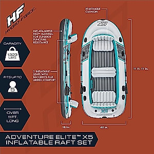 Bestway Hydro-Force Adventure Elite X5 Inflatable 5 Person Water Raft Outdoor Floating Boat Set | Includes Inflatable Boat, Aluminum Oars, Hand-Pump, Carry Bag and Gear Pouch
