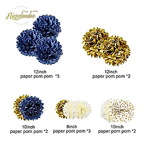 NICROLANDEE 12 PCS Navy Blue Gold Tissue Paper Pom Poms for Birthday, Baby Bridal Shower, Wedding, Bachelorette, Get Ready, Graduations, Navy Blue Party Decorations