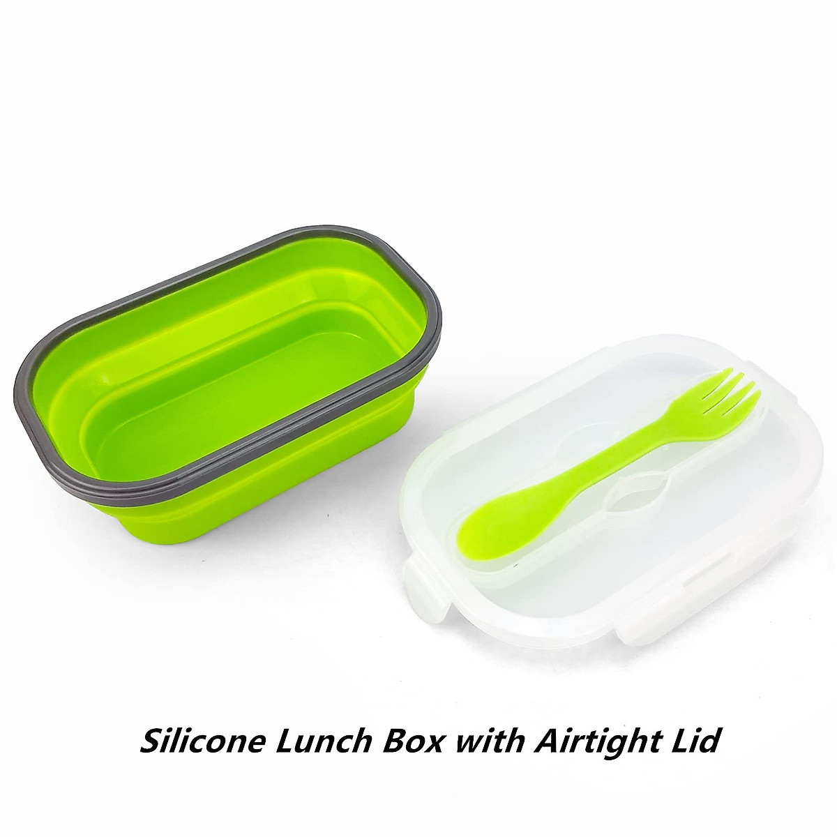 EcoMorning Green Silicone Lunch Container Bento Lunch Box Collapsible Food Storage Container with Airtight Lid and Fork, Ideal For Lunch, Camping, 800ML