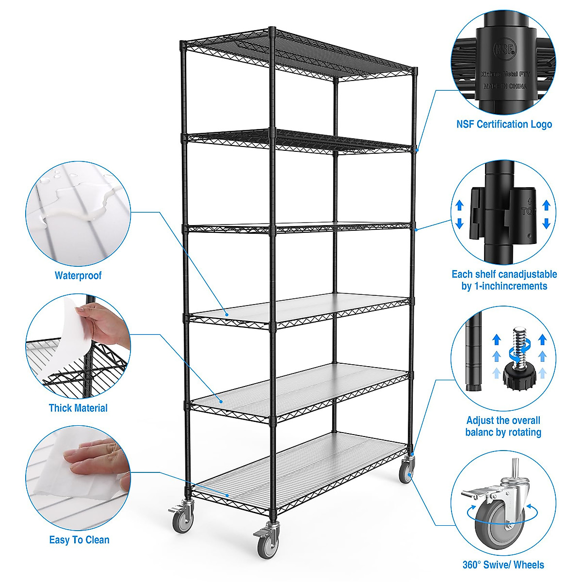 Metal Shelf Wire Shelving Unit, NSF 6 Tier 6000lbs Heavy Duty Adjustable Storage Rack with 5in Wheels and Shelf Liners for Commercial Grade Utility Steel Storage Rack - 20" D x 48" L x 84.5" H Black