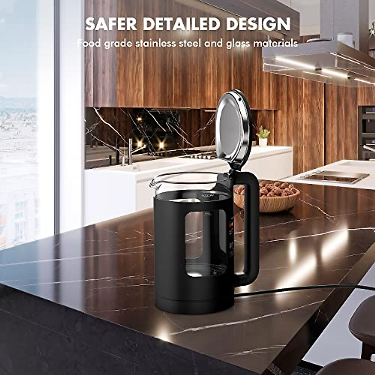 Smart Electric Kettle Quiet Glass Electric, Prevent Limescale Ruste Lnner Liner Base，Keep Warm Tea Kettle & Hot Water Boiler，Temperature Control with 5 Presets，Auto Shutoff and Boil-Dry Protection