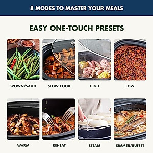 GreenPan Elite 8 - in -1 Programmable 6QT Electric Slow Cooker, Dishwasher Safe Lid & Removable Crock, PFAS-Free Healthy Ceramic Nonstick Multi-Cooker,Sear, Sauté/Brown,Steam Basket,Roast, Oxford Blue